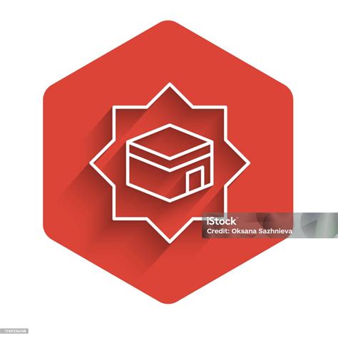 흰색 라인 Kaaba 모스크 아이콘은 긴 그림자 배경으로 고립되어 있습니다 Kaaba Hajj 메카는 순례 라마단 이슬람 이슬람 모스크를 기도합니다 빨간색 육각 버튼 벡터