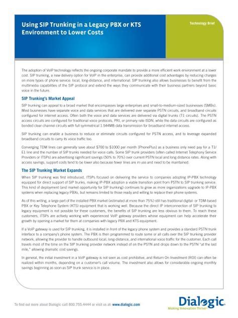 Using SIP Trunking In A Legacy PBX Or KTS Environment Dialogic