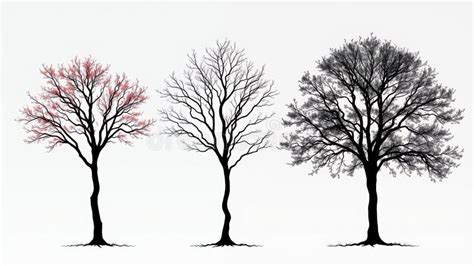 Three Silhouettes Of Trees Showing The Changing Seasons Stock