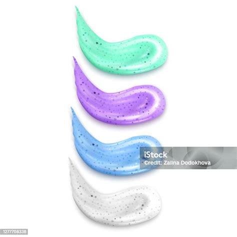 화려한 화장품 스크럽 얼룩은 흰색 배경에 고립 설정 크림 또는 젤 브러쉬 스트로크 튜브 패키지 디자인 사실 3d 벡터 일러스트와 얼굴 관리를위한 미용 화장품 필링 제품 3