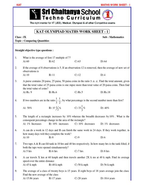 1ix Class Maths Kat Work Sheet 1 Comparing Quantities Pdf