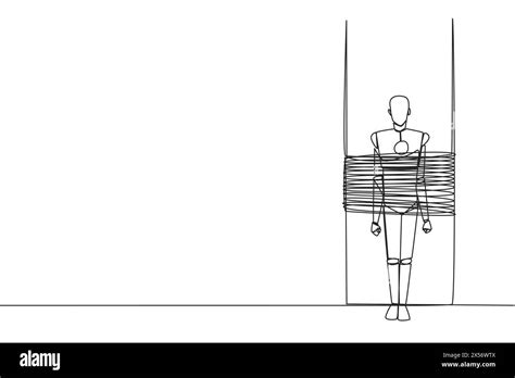 Continuous One Line Drawing The Robot Stands Its Body Tied To A Large Column Technical Error