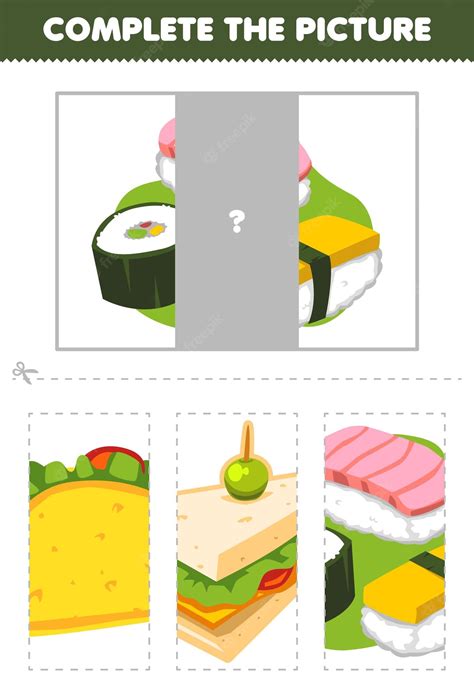 어린이를 위한 교육 게임은 귀여운 만화 스시 인쇄 가능한 일본 음식 워크시트의 올바른 그림을 자르고 완성합니다 프리미엄 벡터