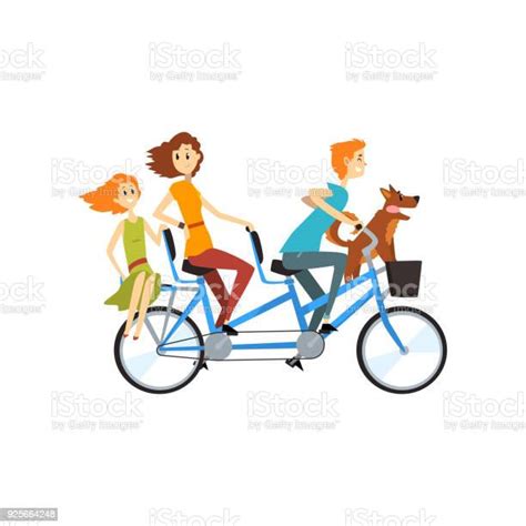 행복 한 가족 부모 그들의 딸 개 아이 들과 함께 휴양 사이클링을 즐기는 긴 텐 덤 자전거 타고 벡터 일러스트 레이 션 가족에 대한 스톡 벡터 아트 및 기타 이미지 Istock