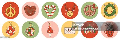 히피 그루비 크리스마스 스티커 팩에는 복고풍 만화 캐릭터와 요소가 포함되어 있습니다 메리 크리스마스와 70 년대 분위기의 새해 복 많이 받으세요 눈사람에 대한 스톡 벡터