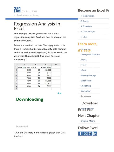 Regression Analysis In Excel Step By Step Tutorial Pdf Regression Analysis Microsoft Excel