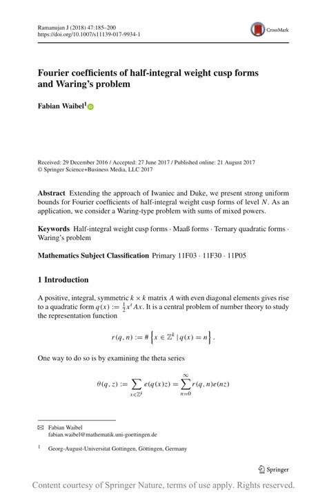 Fourier Coefficients Of Half Integral Weight Cusp Forms And Warings Problem Request Pdf