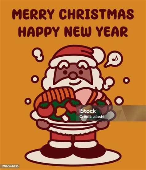 크리스마스 햄 저녁 식사를 들고 있는 사랑스러운 검은 산타클로스는 당신에게 메리 크리스마스와 새해 복 많이 받으세요 사람들에 대한 스톡 벡터 아트 및 기타 이미지 Istock