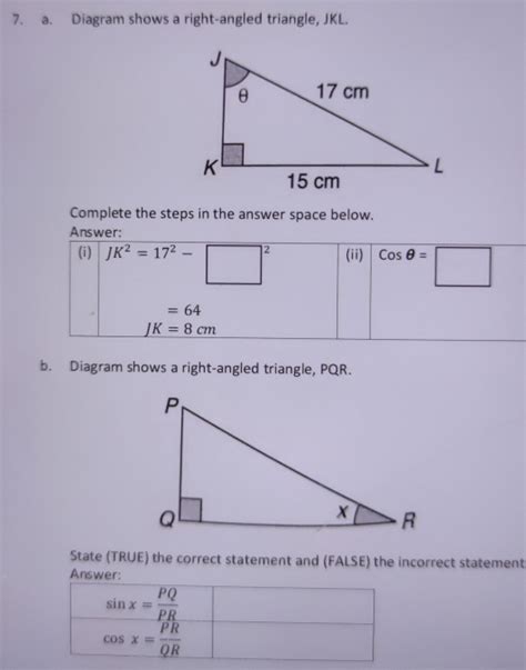 Solved A Diagram Shows A Right Angled Triangle JKL Complete The Steps In The Answer Space