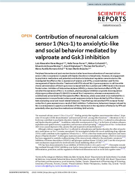 Pdf Contribution Of Neuronal Calcium Sensor 1 Ncs 1 To Anxiolytic Like And Social Behavior