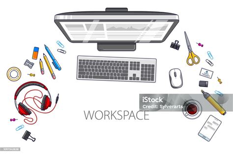 작업 책상 작업 영역 상단 보기 Pc 컴퓨터와 많은 다른 편지지 개체의 격리 위에 보이는 테이블에 모든 요소는 별도로 사용 하기 쉽게 또는 그림을 재구성 벡터입니다 책상에