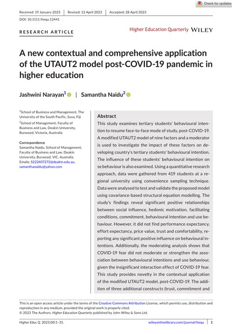 Pdf A New Contextual And Comprehensive Application Of The Utaut2