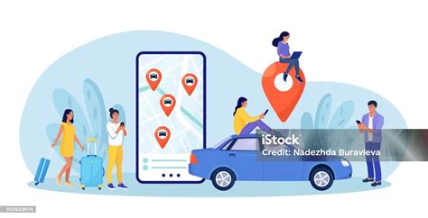 자율 온라인 카 셰어링 서비스를 이용하는 사람 도시지도에 자동차의 경로와 포인트 위치와 스마트 폰 화면 근처 남자 온라인 주문 택시 자동차 대여 자동 공유 하는 사람들의