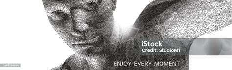 매 순간을 즐기십시오 셀카를 찍는 남자의 초상화를 닫습니다 찾았어 당신이 보여요 점으로 만든 추상적인 남자 머리 3d 벡터 그림입니다 인생대사에 대한 스톡 벡터 아트 및