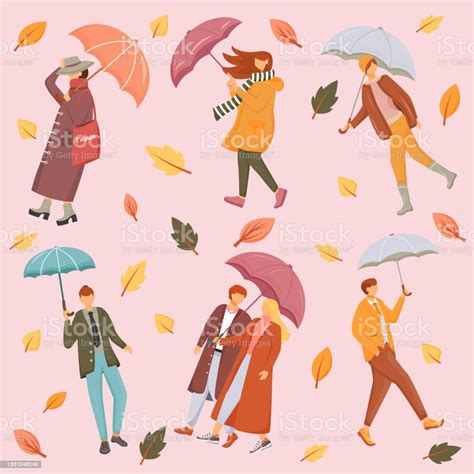 우산 플랫 벡터 원활한 패턴을 가진 사람들 분홍색 배경 계절에 따라 착용할 수 있습니다 가을은 만화 색상 아이콘과 질감을 떠난다 비오는 날씨 포장지 벽지 디자인 비옷에 대한
