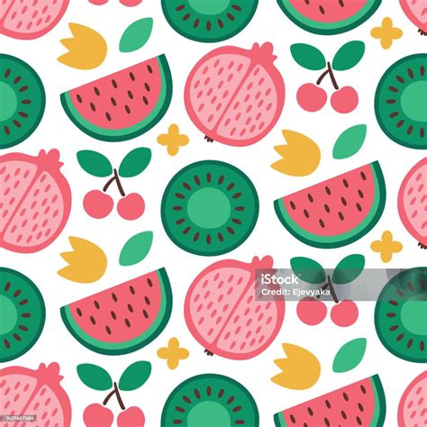 과일 수박 키위 석류 열매 체리 잎 식물 꽃이있는 원활한 벡터 추상 꽃 패턴 0명에 대한 스톡 벡터 아트 및 기타 이미지 0명 과일 꽃무늬 Istock