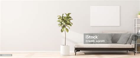 아이젤롱그 스타일의 소파가 있는 아파트의 소파에는 피규어 나무 선반 벽에 모형 예술가 캔버스가 있습니다 햇빛 주조 그림자 3d 렌더링 웹 배너 형식 0명에 대한 스톡 사진