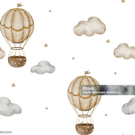 패턴 수채화 빈티지 핫 에어 풍선 베이지 색 구름 파스텔 색상의 매끄러운 인쇄 만화 스타일의 손으로 그린 일러스트레이션 디자인 섬유 직물 포장 옷 벽지 0명에 대한 스톡