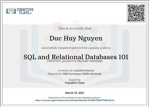 Huy Nguyen On Linkedin I Successfully Completed The Sql And Relational Databases 101 Course
