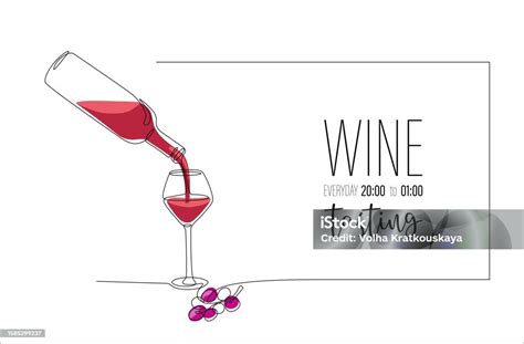 병에서 유리잔에 와인을 붓는 연속적인 한 선 그리기 텍스트를위한 장소가있는 알코올과 병의 한 줄 그리기 와인 시음 행사 레스토랑 메뉴 포스터 배너를위한 선화 스타일 건강