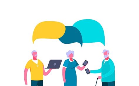 사람들은 온라인 채팅 연설 거품에 대해 논의합니다 스마트 폰 노트북토론과 두 노인 남성과 여성 테크놀로지에 대한 스톡 벡터 아트 및 기타 이미지 Istock