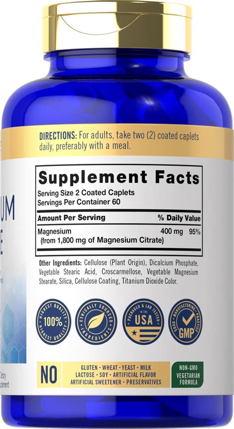 Magnesium Citrate 1800mg Per Serving 120 Caplets