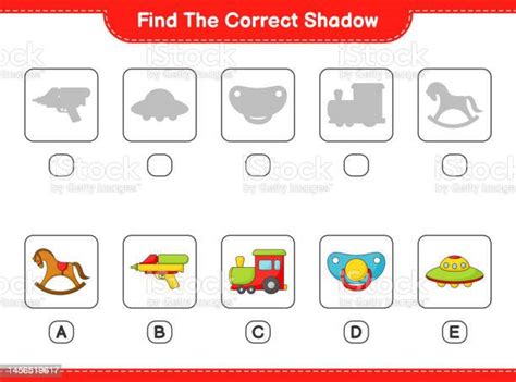 올바른 그림자를 찾으십시오 기차 Ufo 젖꼭지 물총 흔들 목마의 올바른 그림자를 찾아 일치시킵니다 교육 어린이 게임 인쇄 워크시트 벡터 일러스트 레이 션 0명에 대한 스톡