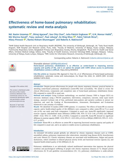 Pdf Effectiveness Of Home Based Pulmonary Rehabilitation Systematic