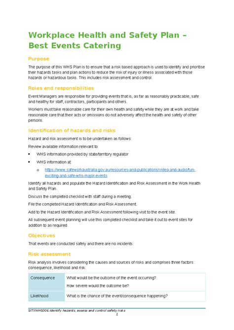 Sitxwhs006 Final Whs Plan For Best Events Catering Studocu
