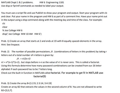 Solved Matlab Chapt 1 And 2 Problems Hw 6 Engineering 1181