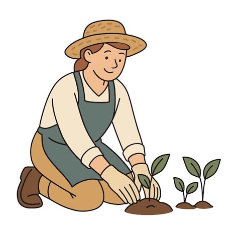 Working Person Is Planting Small Flat Plants In Garden With Cheerful