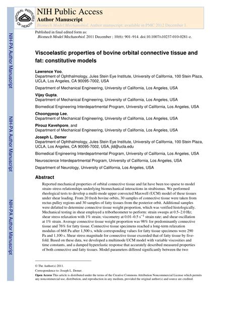 Pdf Viscoelastic Properties Of Bovine Orbital Connective Tissue And Fat Constitutive Models