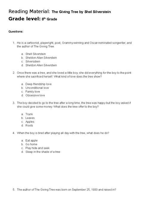 The Giving Tree Questions V2 Reading Material The Giving Tree By
