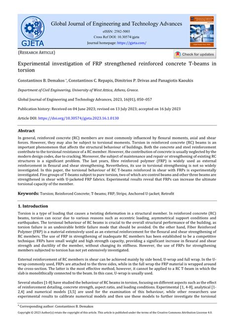 Pdf Experimental Investigation Of Frp Strengthened Reinforced Concrete T Beams In Torsion