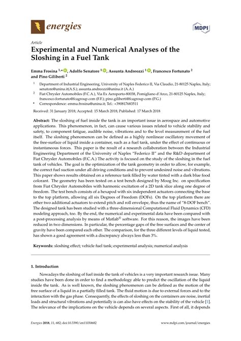 Pdf Experimental And Numerical Analyses Of The Sloshing In A Fuel Tank