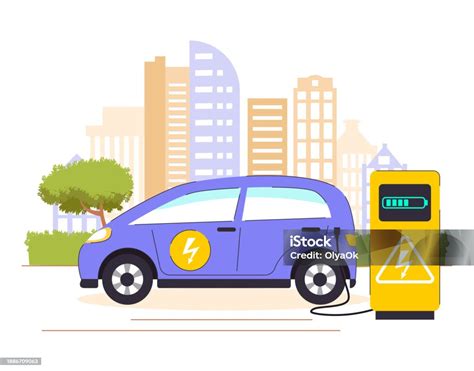전기차 충전 서비스 환경 보호 생태 지속 가능성 깨끗한 공기 미래를 위한 개념 그림 충전소에서 충전하는 전기차 벡터 평면 고립된