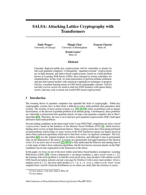 neurips 2022 salsa attacking lattice cryptography with transformers paper conference pdf