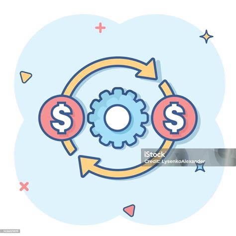 만화 스타일의 돈 최적화 아이콘 흰색 고립 된 배경에 기어 효과적인 만화 벡터 일러스트레이션 금융 프로세스 스플래시 효과