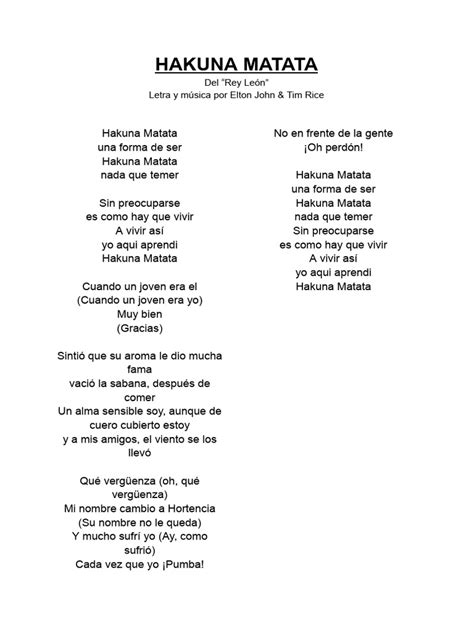 Hakuna Matata Letra Del Rey León Pdf