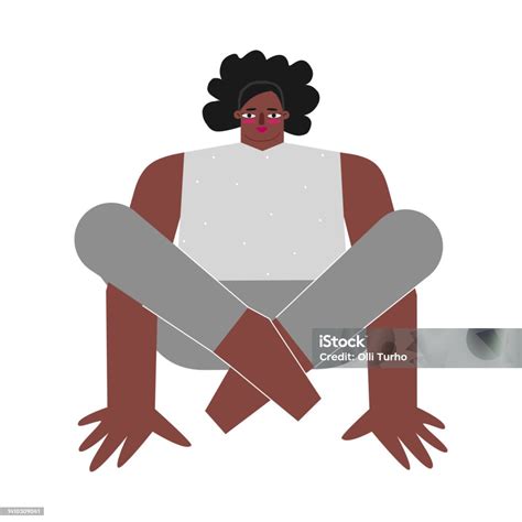 평평한 여성 캐릭터를 가진 벡터 분리 된 개념 강한 신체 긍정적 인 여성은 스트레칭 자세를 배우고 요가 수업에서 어깨 누르기