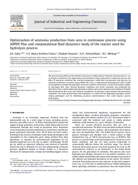 Pdf Optimization Of Ammonia Production From Urea In Continuous