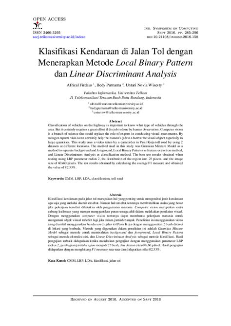 Pdf Klasifikasi Kendaraan Di Jalan Tol Dengan Menerapkan Metode Local Binary Pattern Dan