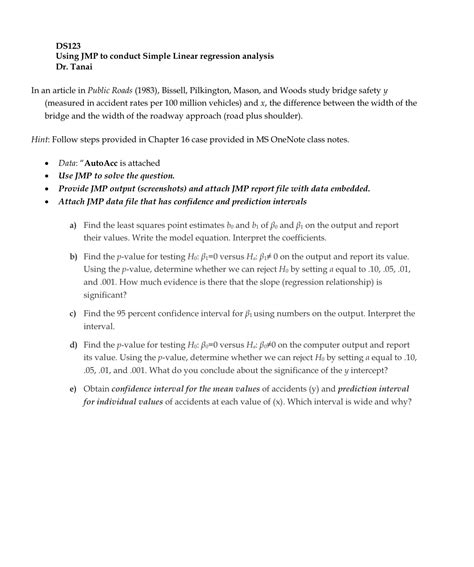 Solved Ds123 Using Jmp To Conduct Simple Linear Regression
