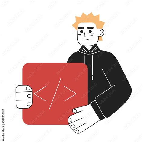 Computer Coder Job Line Concept Vector Spot Illustration Editable 2d Flat Cartoon Character On