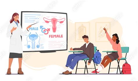 Sex Education In School Concept Teacher Female Character Stand At Blackboard Explain To