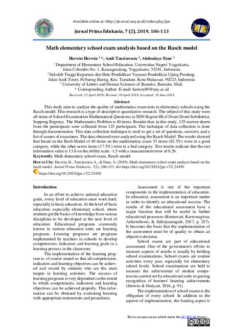 Pdf Math Elementary School Exam Analysis Based On The Rasch Model