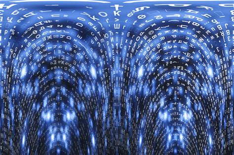 블루 매트릭스 디지털 배경입니다 왜곡 된 사이버 공간 개념 문자가 아래로 떨어집니다 기호 스트림에서 행렬입니다 가상 현실 디자인 복잡 한 알고리즘 데이터 해킹 시안 디지털