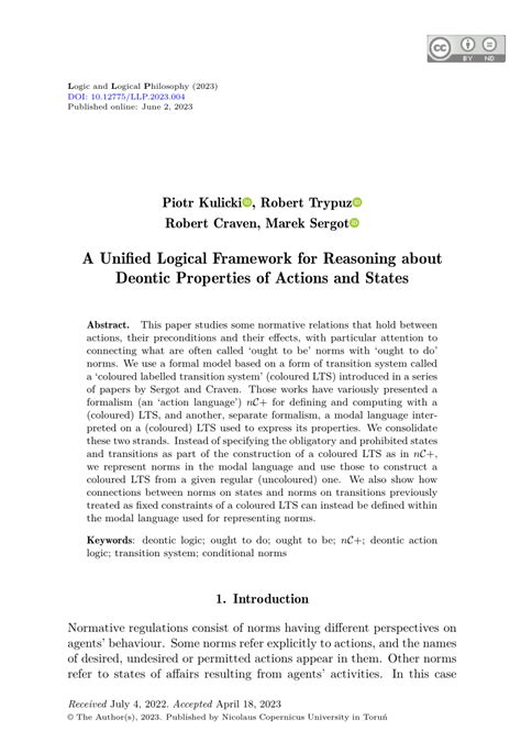 Pdf A Unified Logical Framework For Reasoning About Deontic Properties Of Actions And States