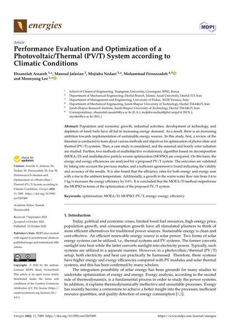 Pdf Performance Evaluation And Optimization Of A Photovoltaicthermal Pvt System According
