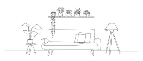 화분에 심은 식물과 바닥 램프와 소파와 벽 선반의 연속 한 줄 그리기 심플한 선형 스타일의 현대적인 스칸디나비아 가구 소파 낙서 간단한 벡터 일러스트레이션 소파에 대한 스톡